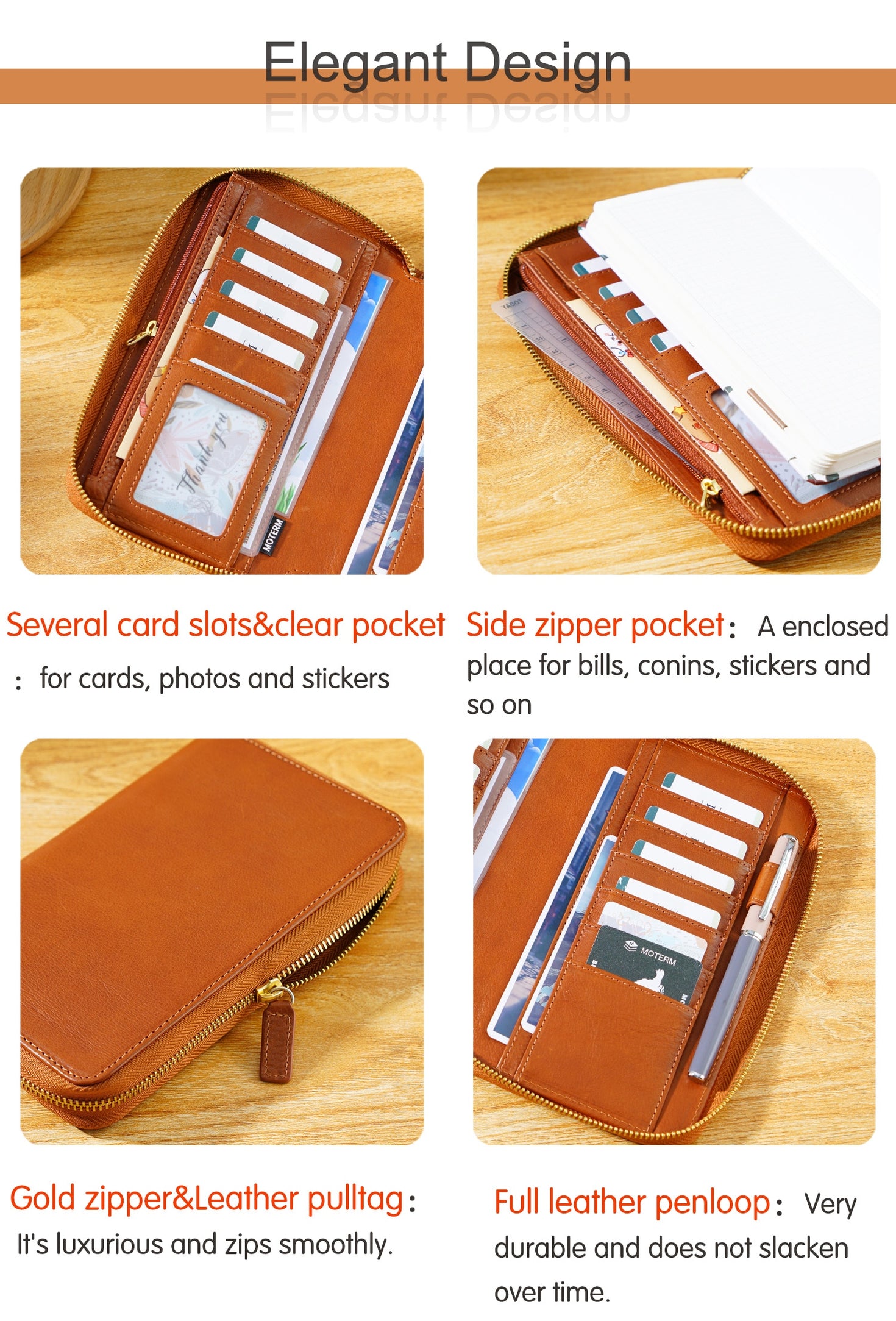 Moterm Full Grain Vegetable Tanned Cowhide Planner Zip Weeks 2.0 Cover ...