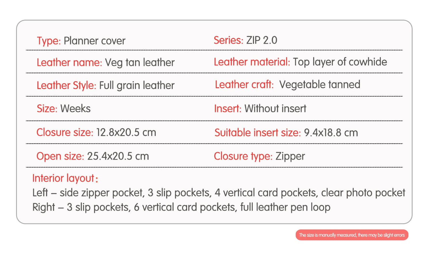 Moterm Full Grain Vegetable Tanned Cowhide Planner Zip Weeks 2.0 Cover ...