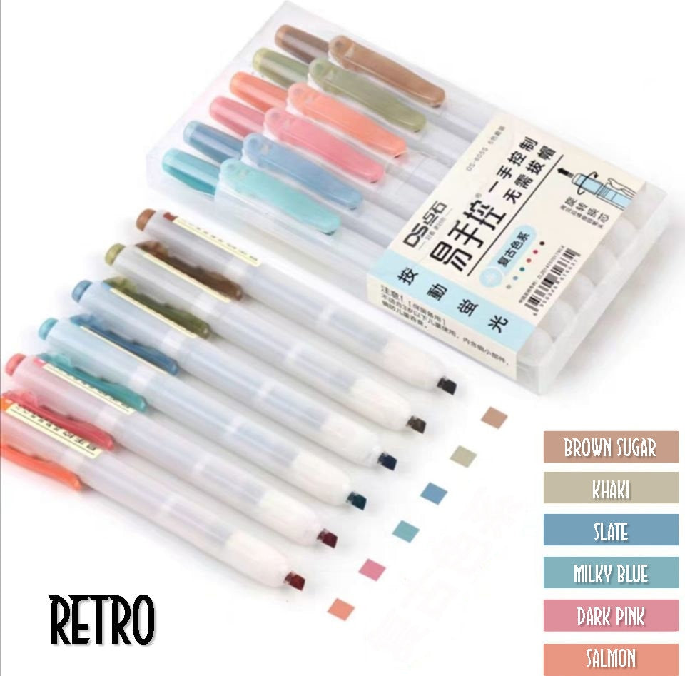 Dianshi RETRACTABLE RETRO Color Highlighter Set Refillable Highlighter ...