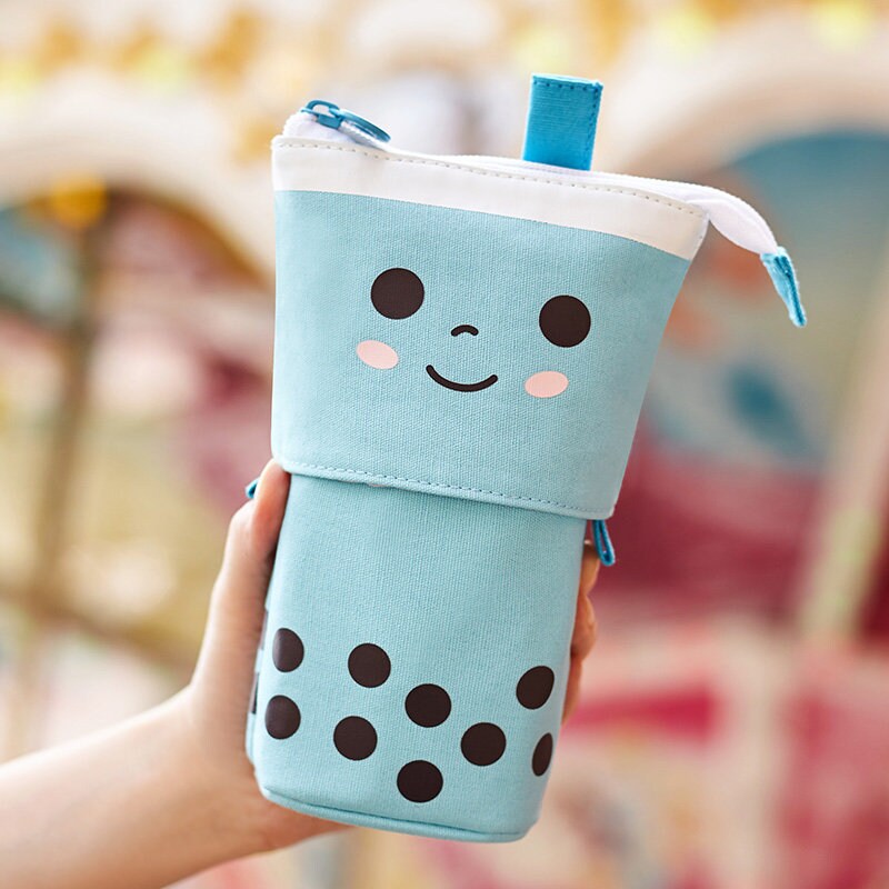BLUE VELVET Milk Tea Boba Retractable Standing Pen Case Pencil Case Re ...