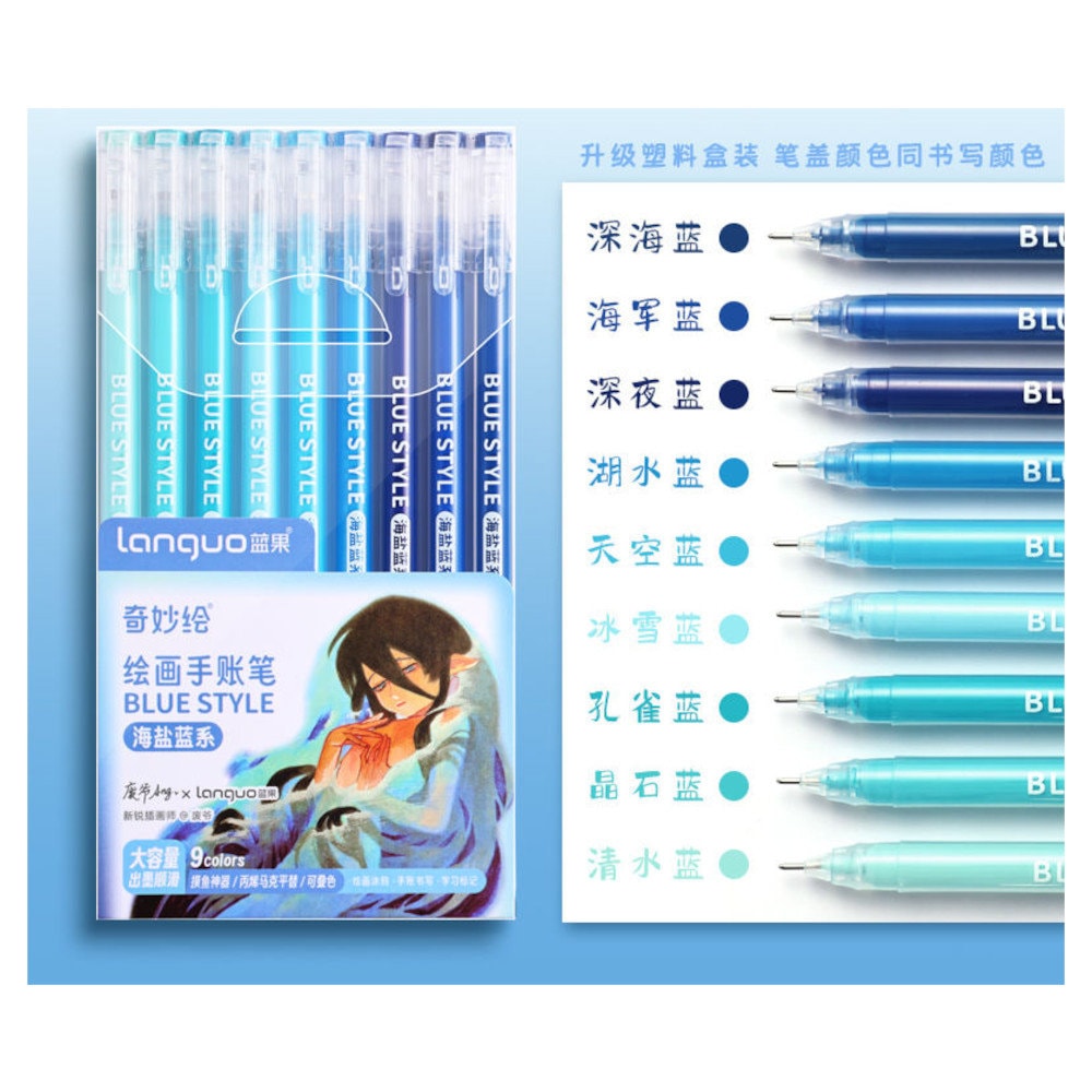 BLUE COLOR SET Languo Color Gel 6 Pen Set 0.6mm Black Out Planning Pen ...
